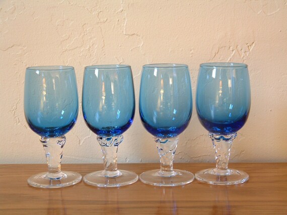 Vintage Cordial Glasses Blue Set Of 4 Twisted Stem Liqueur