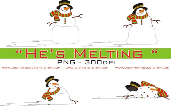 Adorable Melting Snowman Clipart wearing Hat and Scarf