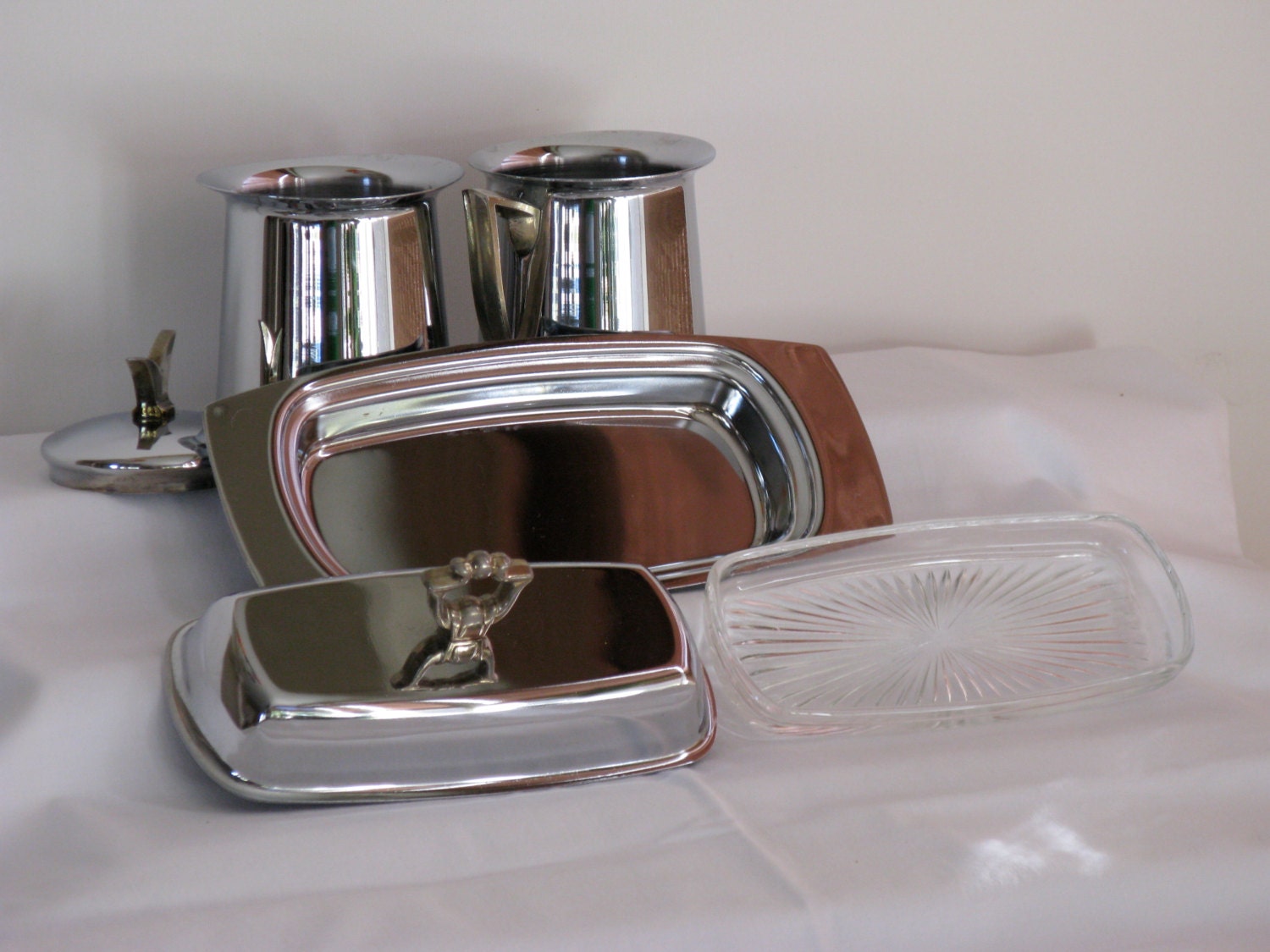 KROMEX SERVER SET / Chrome and Brass Butter Tray w Sugar and Creamer ...