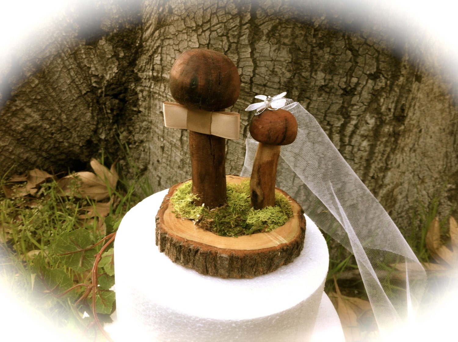 Rustic wedding cake topper wooden mushroom forest country fall