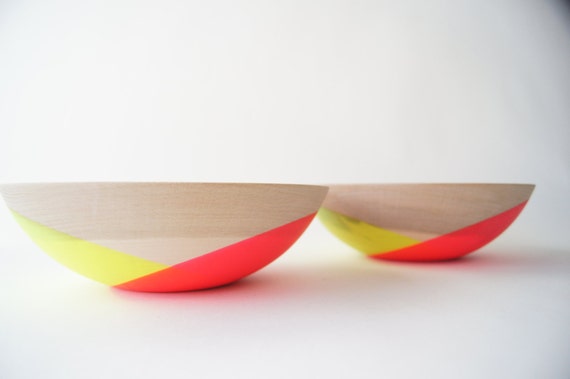 Neon Pink and Yellow Wooden 7 Salad Bowl by Wind and