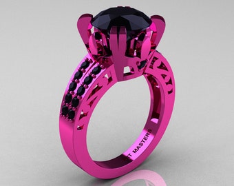 14K Black Gold Pink Sapphire Diamond Wedding Ring Engagement
