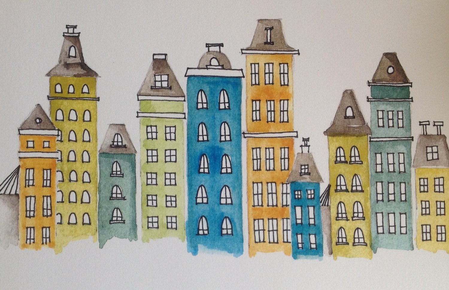 Bright City Scene watercolor and ink whimsical houses and