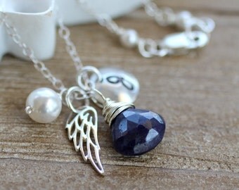 ANGEL WING Necklace, Custom Birthstone, Silver Initial Charm, Stamped ...