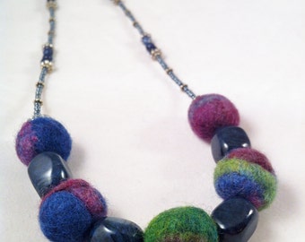 Blue and Orange Felted Wool Bead Brooch on by WoolyBearBeads
