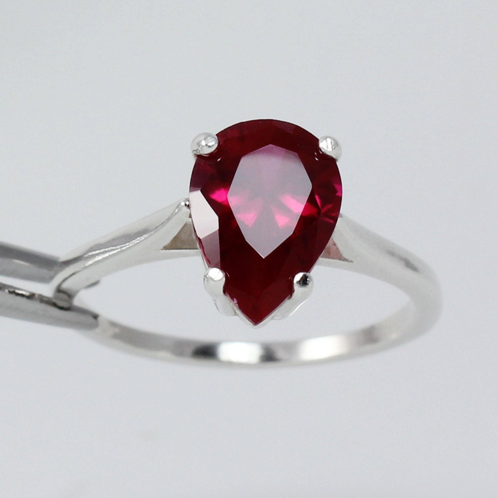 Sterling Silver Ruby Ring Lab July Birthstone / Pear Cut