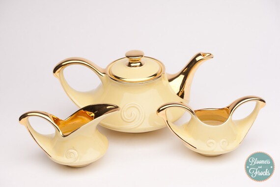 Vintage 22k Gold Trim Tea Pot Sugar and Creamer Set