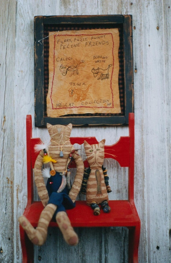 Primitive Cat Doll Stitchery Sampler Pattern EPattern PDF Fish