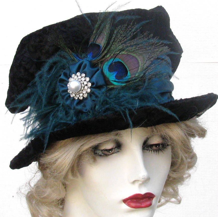 Womens Hat Victorian Hats Black Velvet Vintage Style Mushroom
