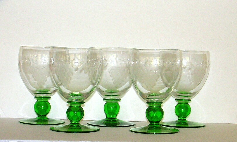Five Vintage Goblets Green Glass Ball Stems Crystal Wheel Cut