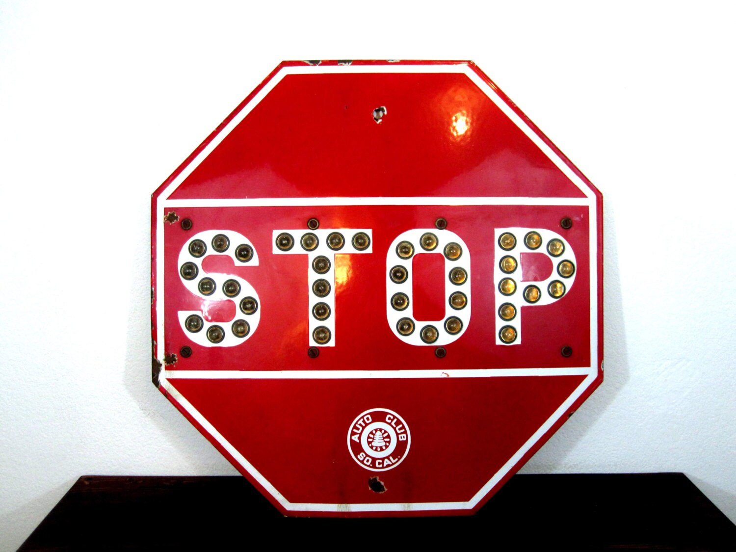 Vintage Cat Eye Glass Marble Stop Sign / Retro Enamel Sign
