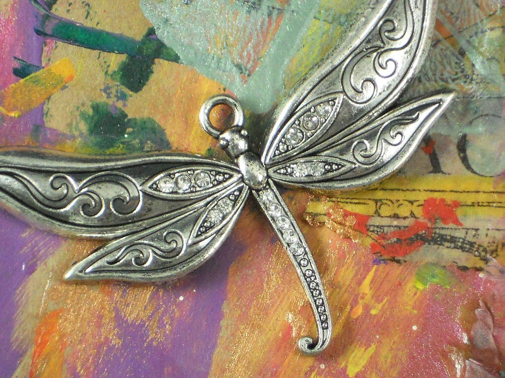 1 Large Dragonfly Pendant Silver & Rhinestones 78mm x 43mm on