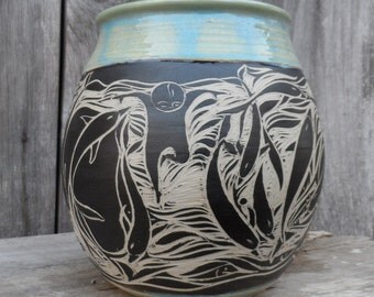 Big Round Sgraffito Ocean Vase with Dolphins, Swimmers, Fish, Bird and Seal