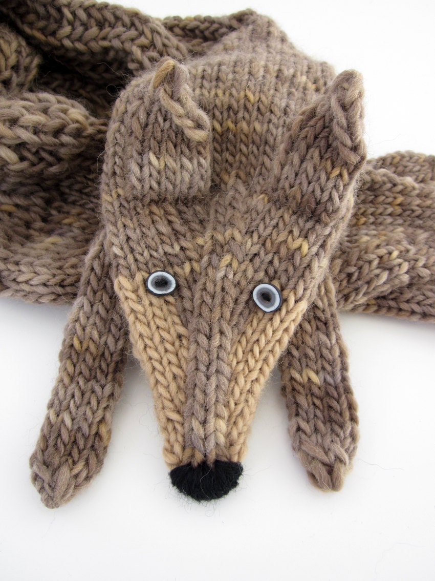 Hand knit wolf scarf in brown black with polymer clay buttons