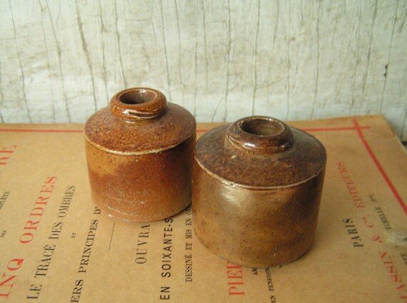 PAIR 1800's Stoneware Ink Pots Antique INKWELL ink by chicklet500