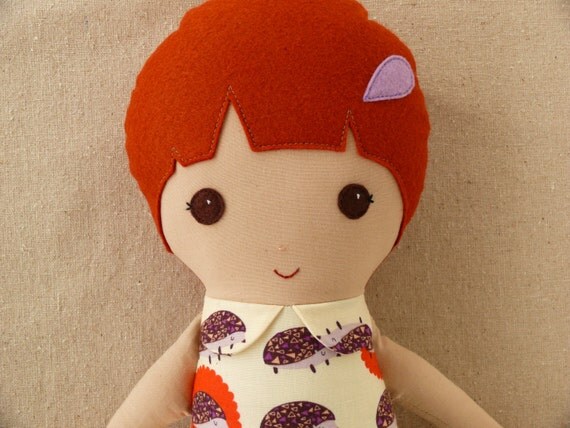 Fabric Doll Rag Doll Red Haired Girl In Hedgehog Print Dress
