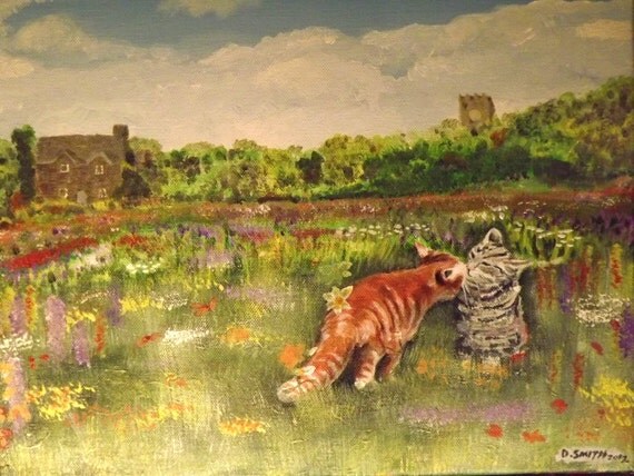 Cottage Garden cats Print of Original Acrylic Painting