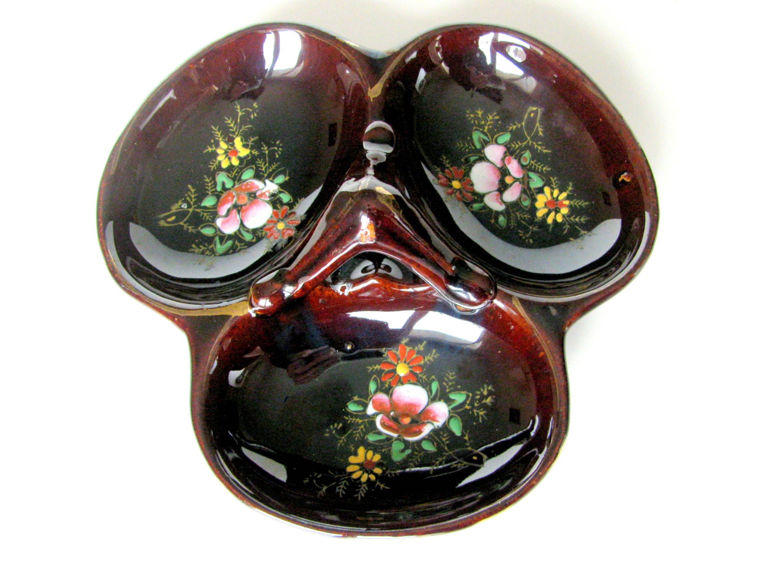 Divided Relish Dish Moriage Redware Japan Hand Painted Pottery Floral ...