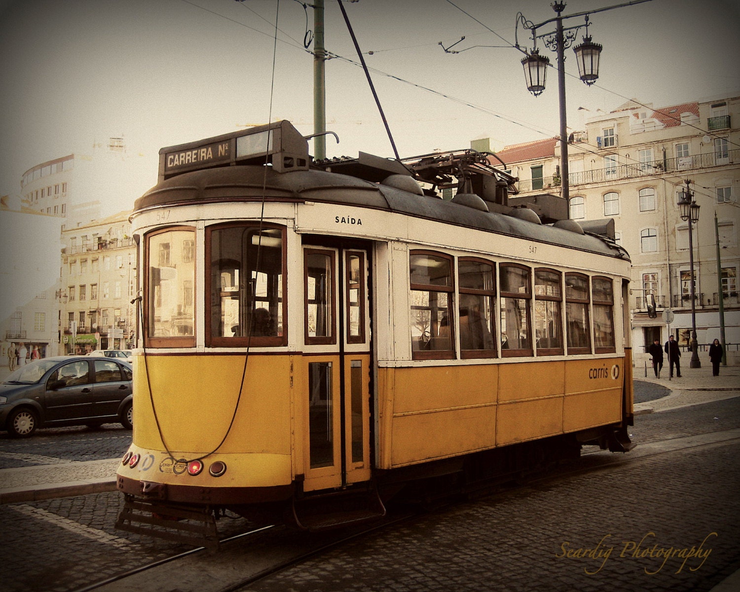 Yellow Trolley Car. Lisbon Portugal Photo. Portuguese Wall