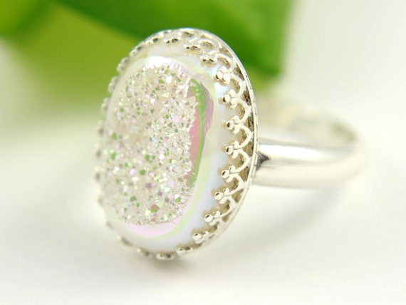 Druzy Quartz Ring Oval Silver Ring Druzzy Bezel Set Opal