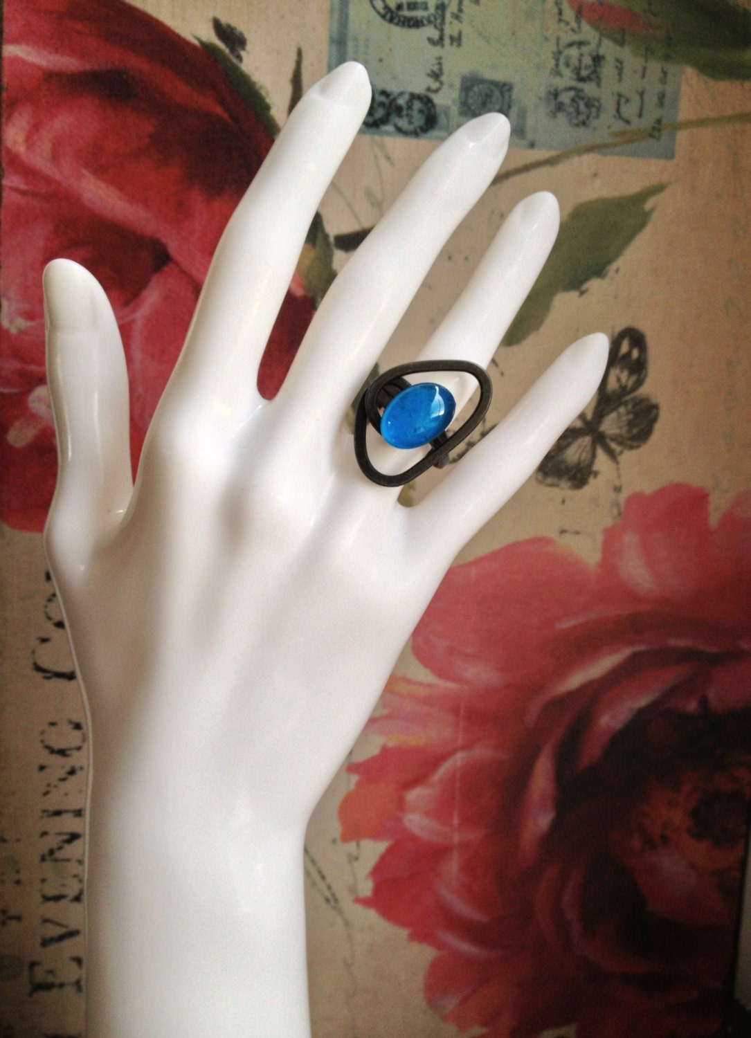 Beautiful Vintage Glass Ring – Art Ironwork and Large Sapphire Blue ...