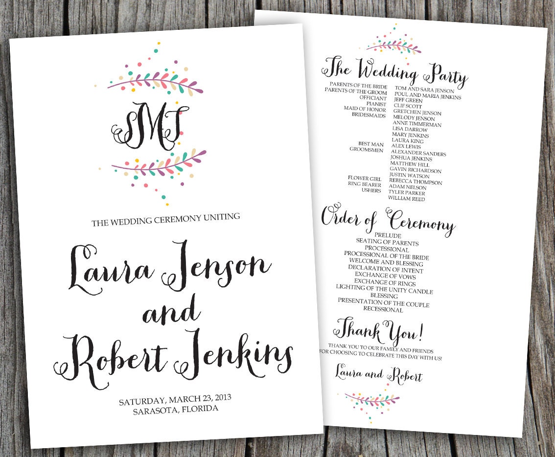Colored Monogram Laura Printable Wedding Program – DIY Program – Custom ...