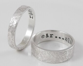 Rustic textured couples rings with personalized text. His & hers ...