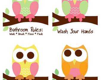 Owl bathroom rules prints/Set of 4 8x10 prints Bathroom Rules Owl Prints