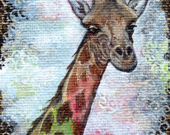 Giraffe, Original Art ACEO, mini giraffe art, Acrylic on Canvas ...