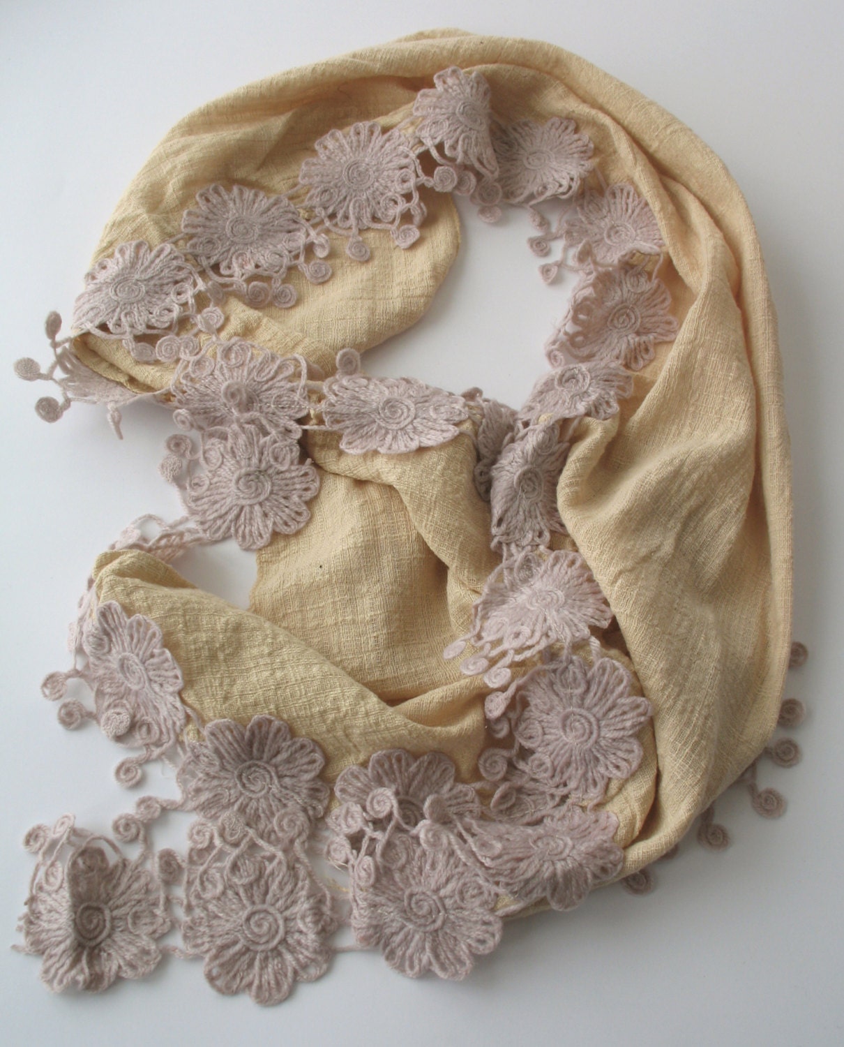 Beige Cotton Fabric Scarf Lace Scarf Soft Scarf by ScarfBeauty
