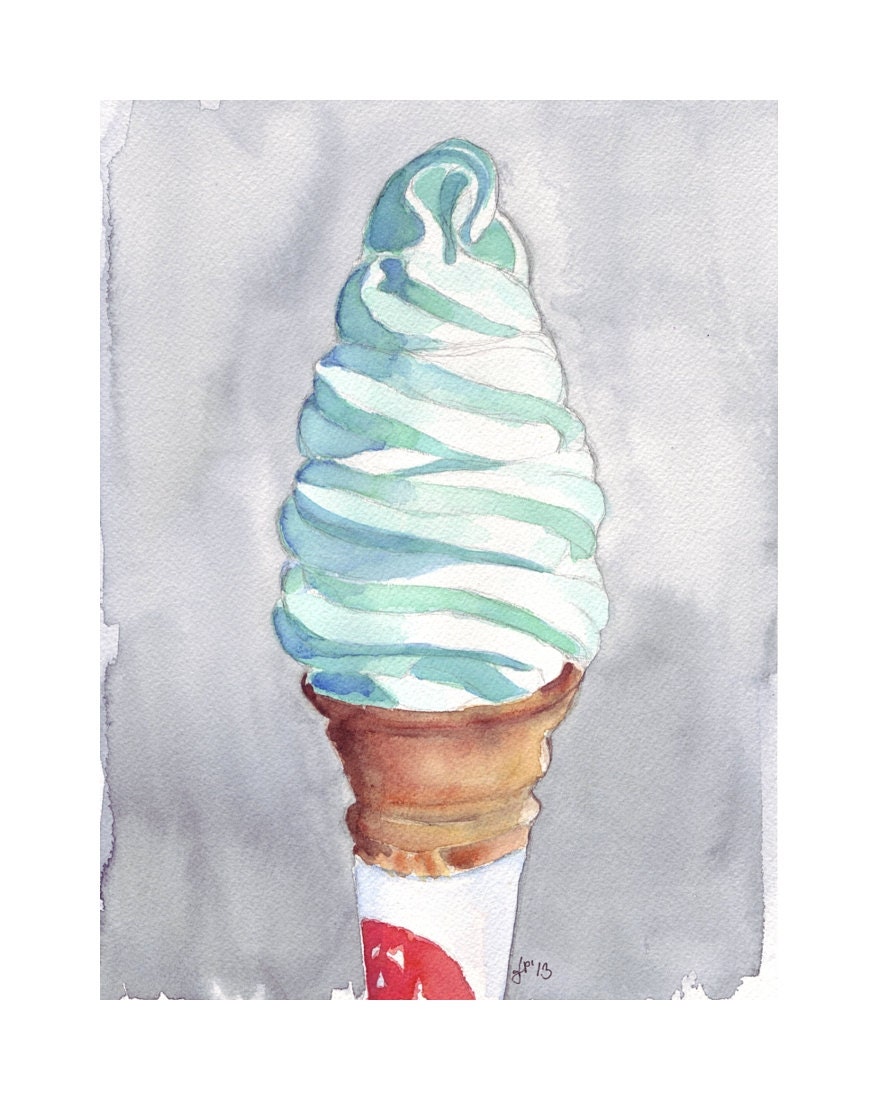 Ice Cream Cone Watercolor Painting Print Vanilla Ice Cream