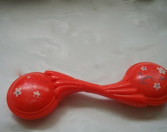 Vintage Baby Rattle Red Flowered 1950s