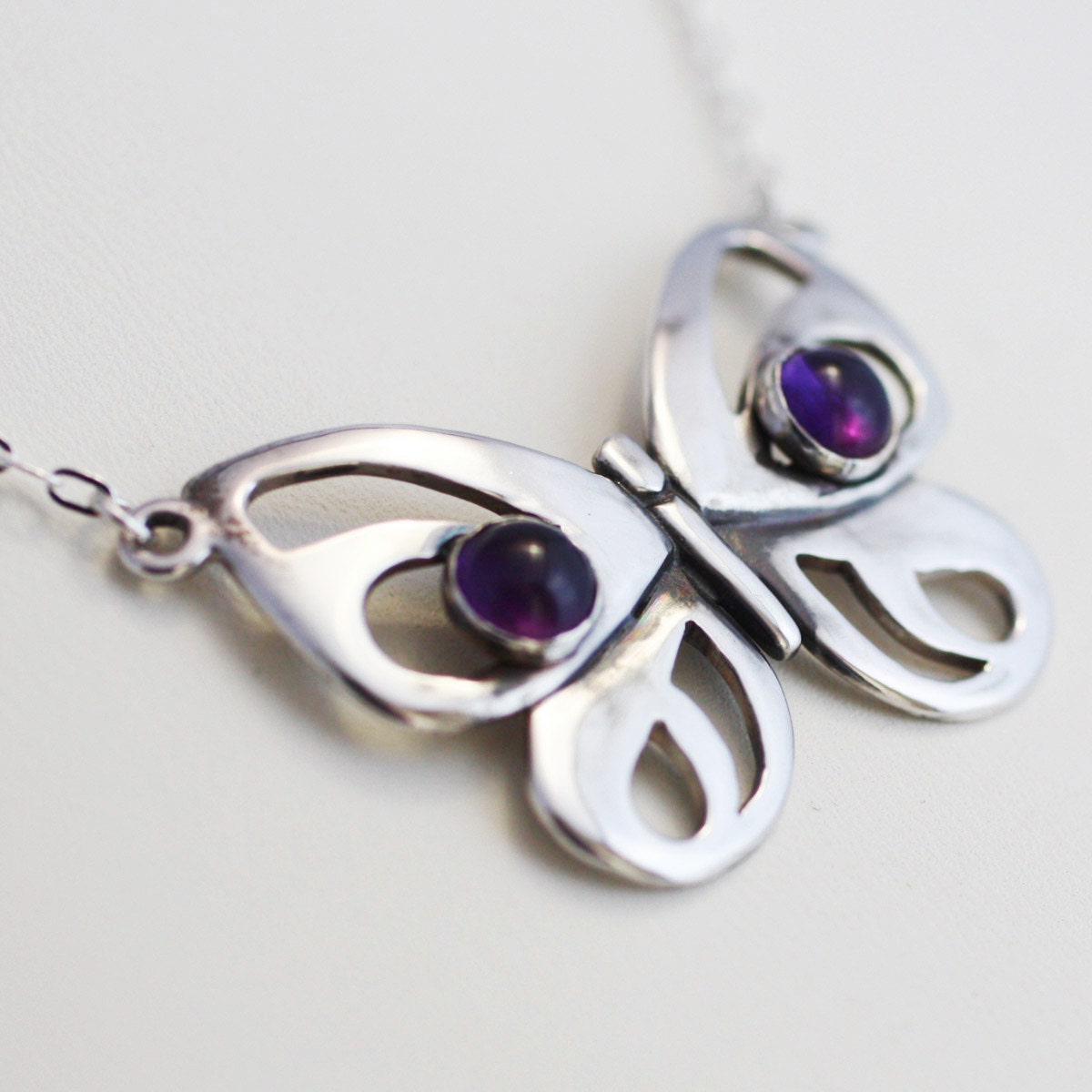 Modern Sterling Silver Butterfly Necklace with Amethyst Large