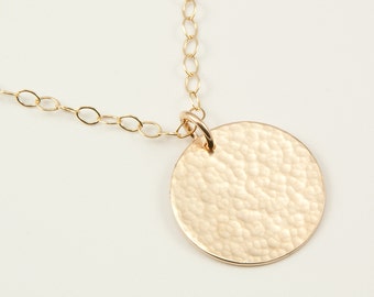 Gold disc necklace, gold filled circle necklace, hammered pendant ...