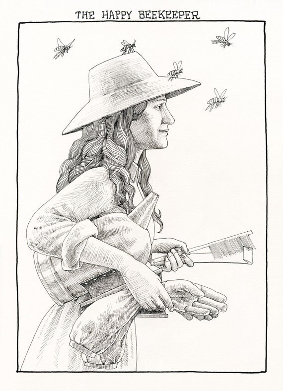 The Happy Beekeeper. Art print of original pen and ink