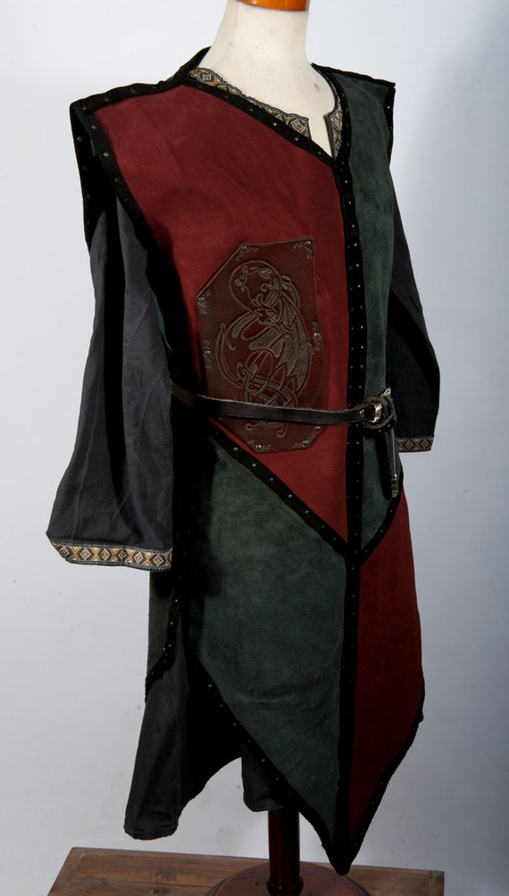 Burgundy and grey leather armor tabard with dragon embossing
