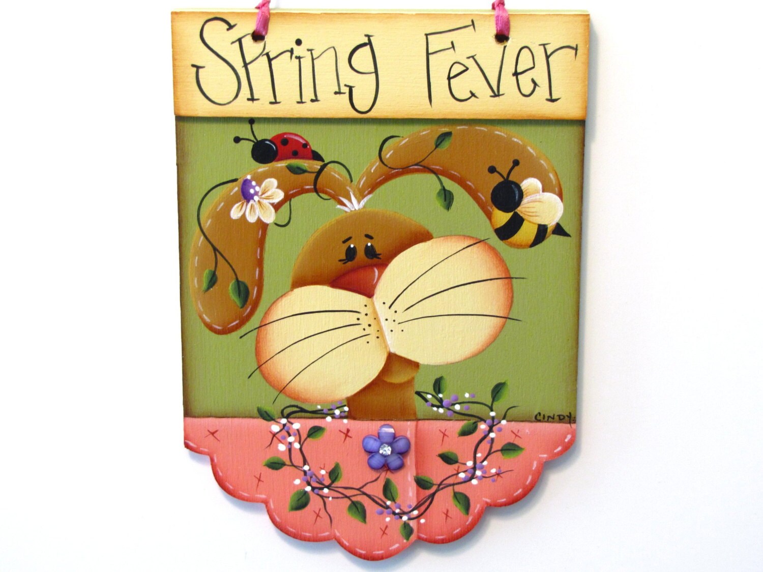 Bunny Spring Fever Banner Lady Bug Bee Vines Daisies