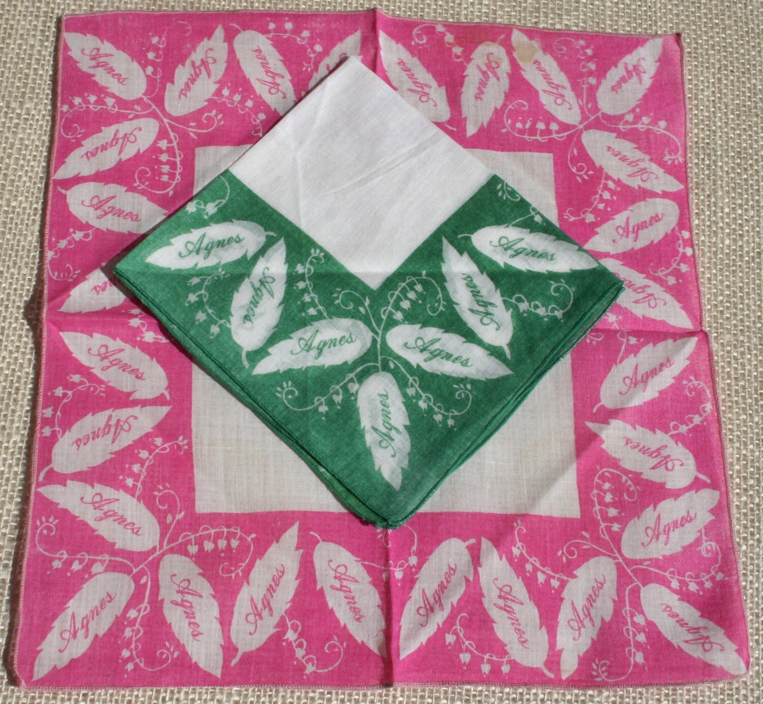 2 Vintage Hankie Handkerchiefs Lily of the Valley Pink and Green Agnes