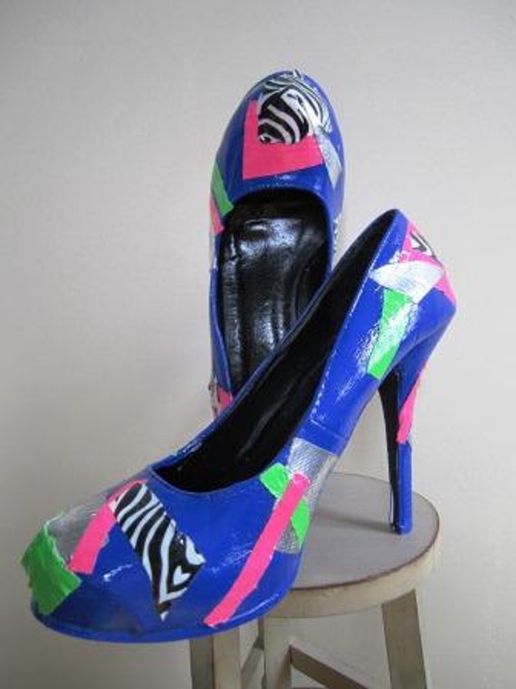 80s High Heels Upcycled Shoes Platform Graphic Neon Rocker