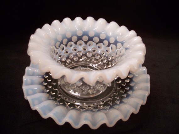 Moonstone opalescent glass 2 piece saucer bowl by Pastelvintage