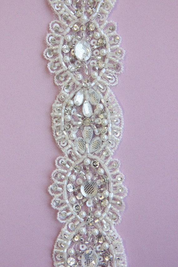 1 YARD of Luxury Crystal & Pearl Lace Bridal Trim - Neptune