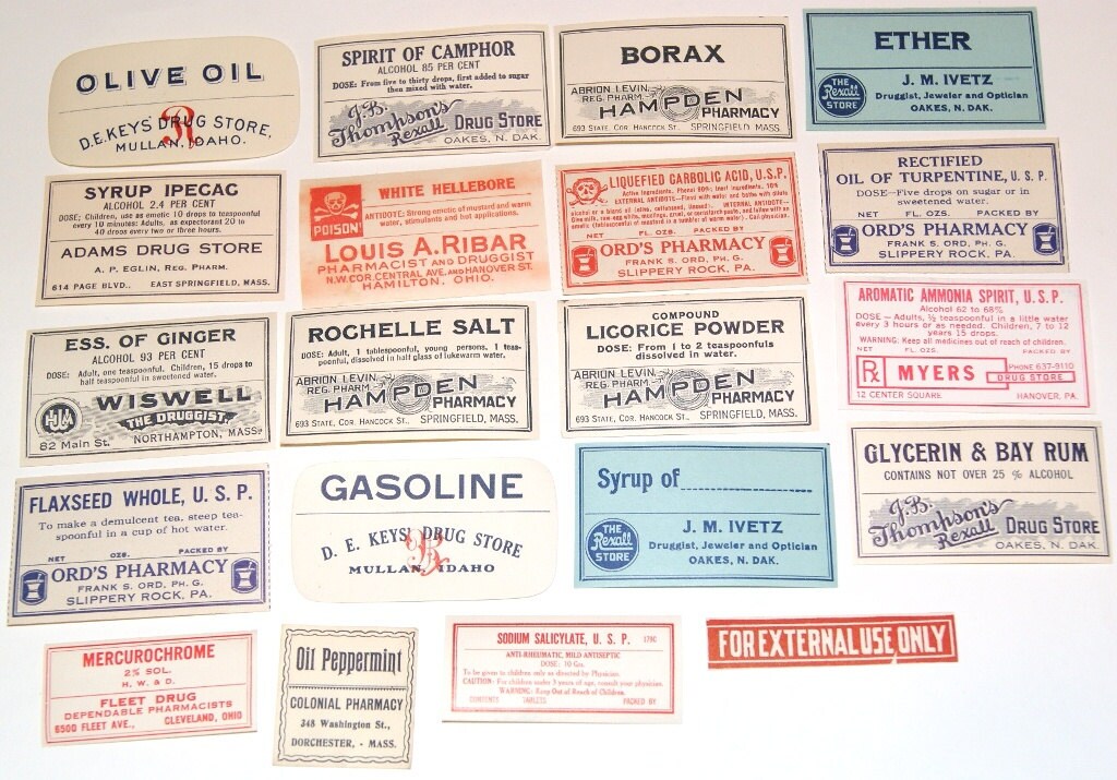 Lot of 20 Vintage Apothecary Labels Pharmacy by scrapitsideways