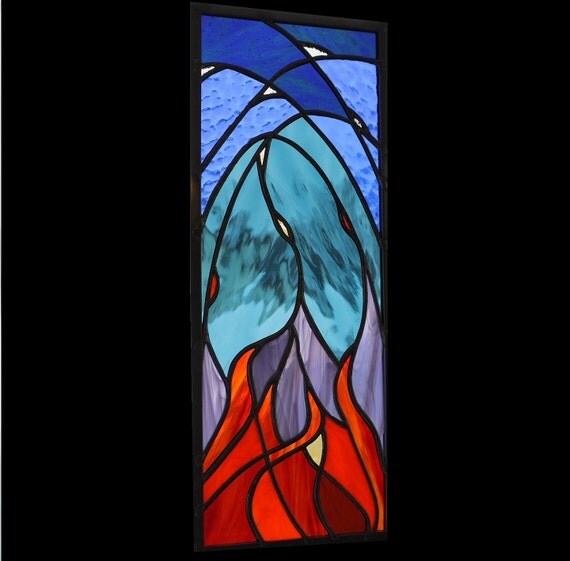 Stained glass art panel of campfire and starry sky