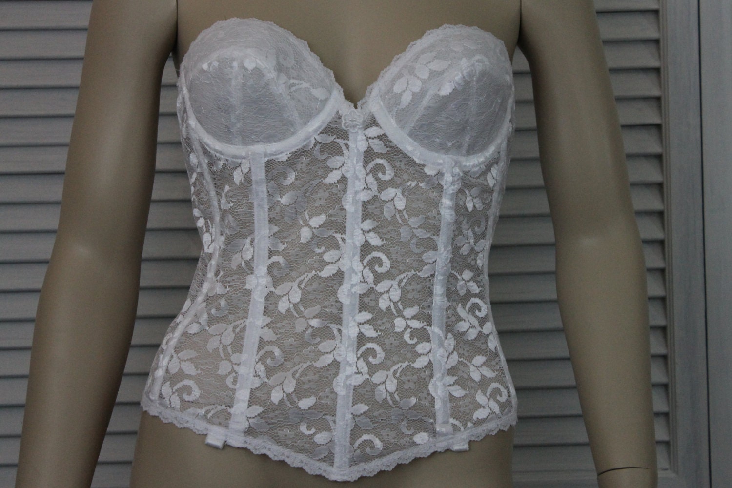 Vintage White Lace Long Line Bra Bustier Strapless Size 34b