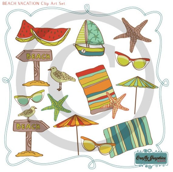 Items similar to Beach Vacation Clip Art - Watermelon, Starfish ...