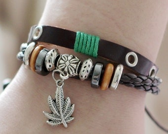 074 Men's brown leather bracelet Marijuana leaf bracelet Charm bracelet ...