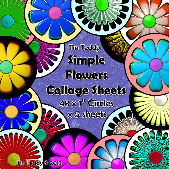 Simple Flowers Digital Collage Sheet 1 Inch Circles x 48
