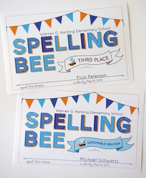 Spelling Bee Award Certificates INSTANT DOWNLOAD PRINTABLE