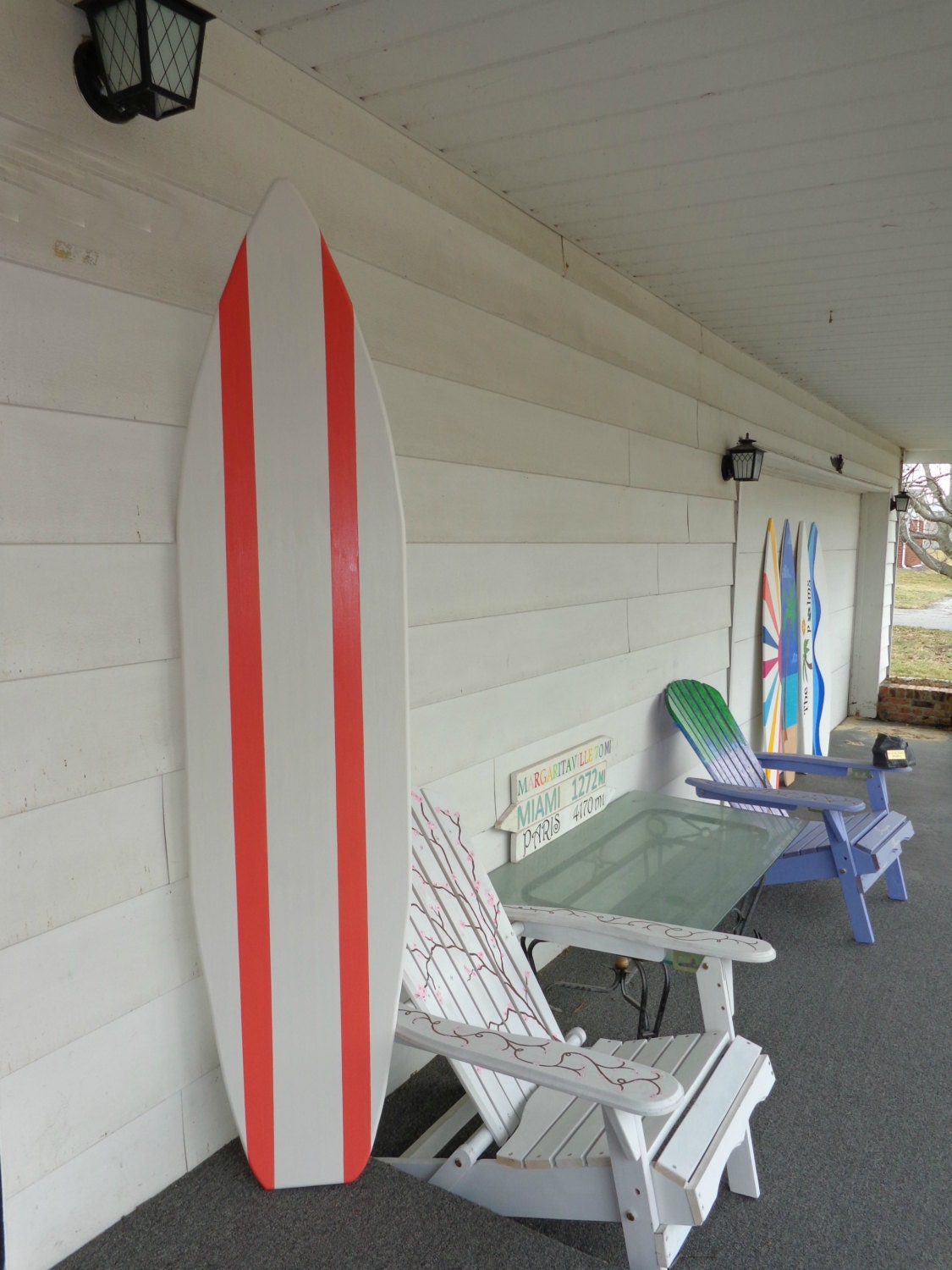 6 Foot Wood White with 2 stripes Hawaiian Surfboard Wall Art