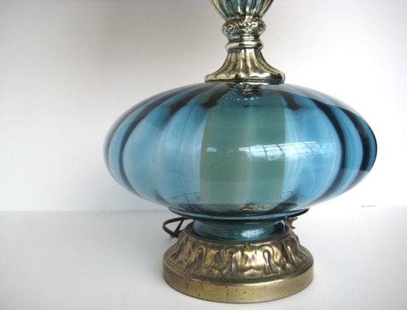 Vintage blue table lamp blue glass lamp hollywood by NewbeesShop